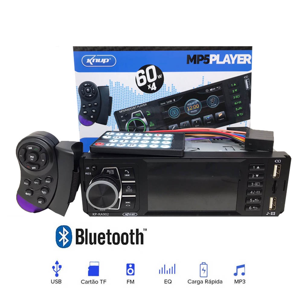 Som Radio Automotivo Display LCD Mp5 C/ Bluetooth 60wx4 Knup KP-RA902 - Faz a Boa!