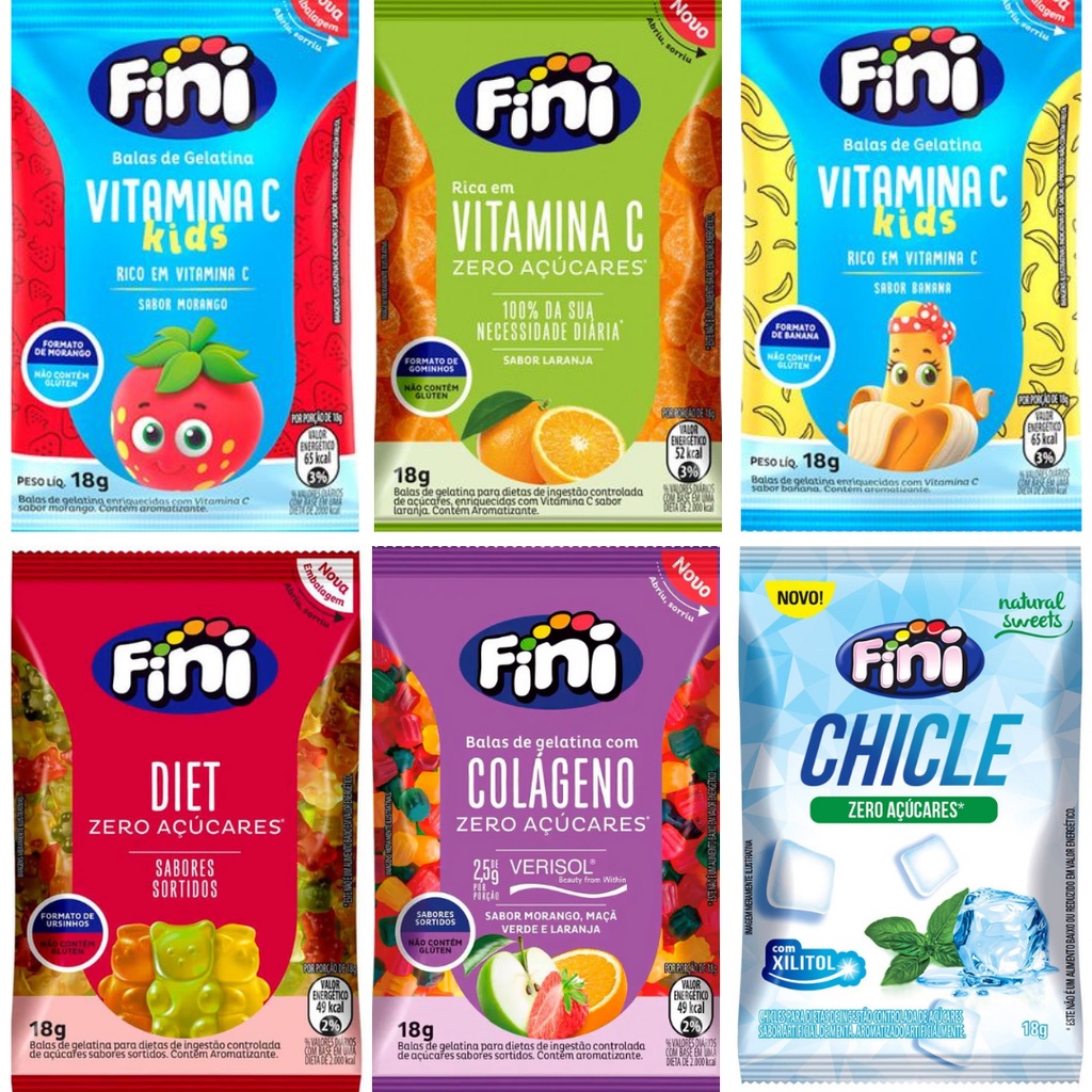 Fini Balas Gelatina 18g Colágeno Vitamina C Chicle Zero Açúcar Diversos ...