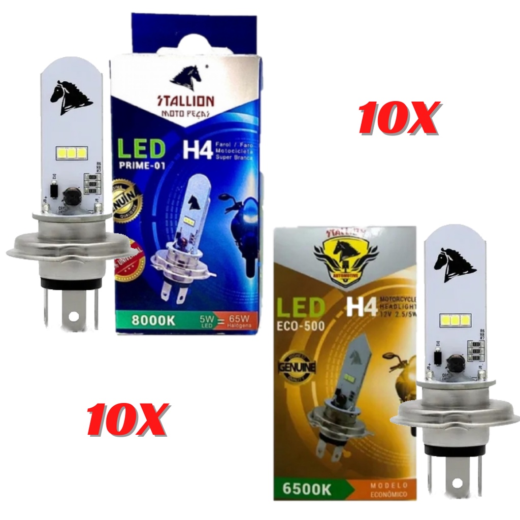 Kit com 10 Lampada Farol Led H4 Super Branca 8000k efeito xenon Stallion e 10 Lampada Farol Led ...