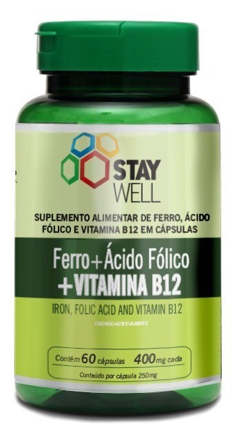 Ferro, Ác. Fólico E Vitamina B12 Stay Well 60 Caps De 250mg REF:03O3 ...