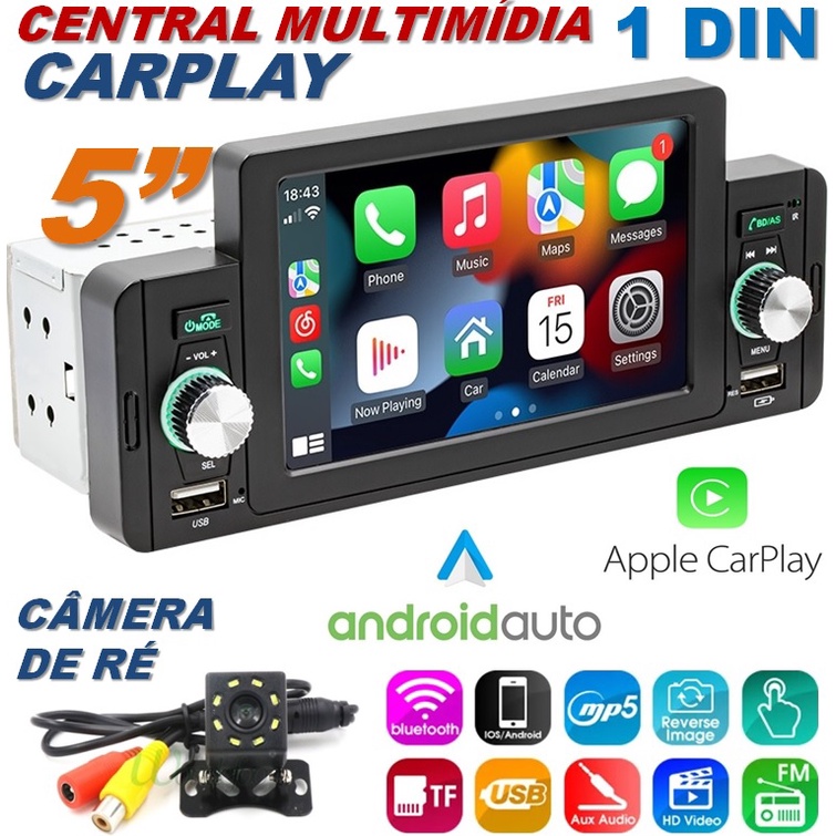 Kit Central Multimídia Carplay 1 Din Bluetooth Espelhamento 5 Polegadas + Câmera De Ré ...