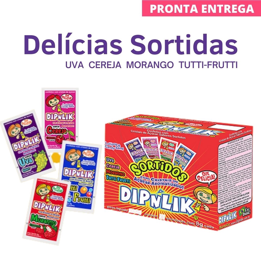 Pirulito Açucarado DipnLik Sabores Sortidos CX c/ 20 Unidades de 8g ou ...