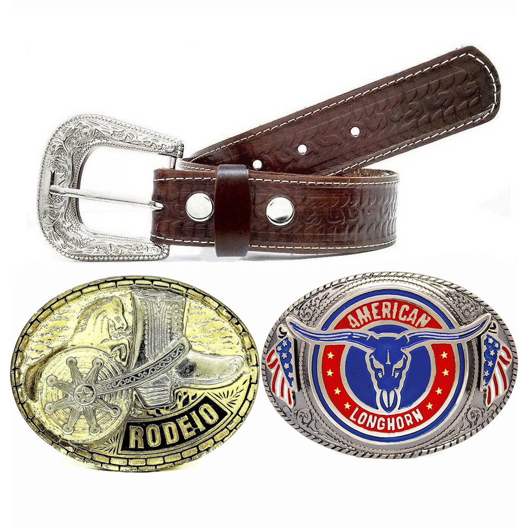 Kit Cinto Masculino Country Em Couro + 2 Fivelas Cowboy Luxo CV ...