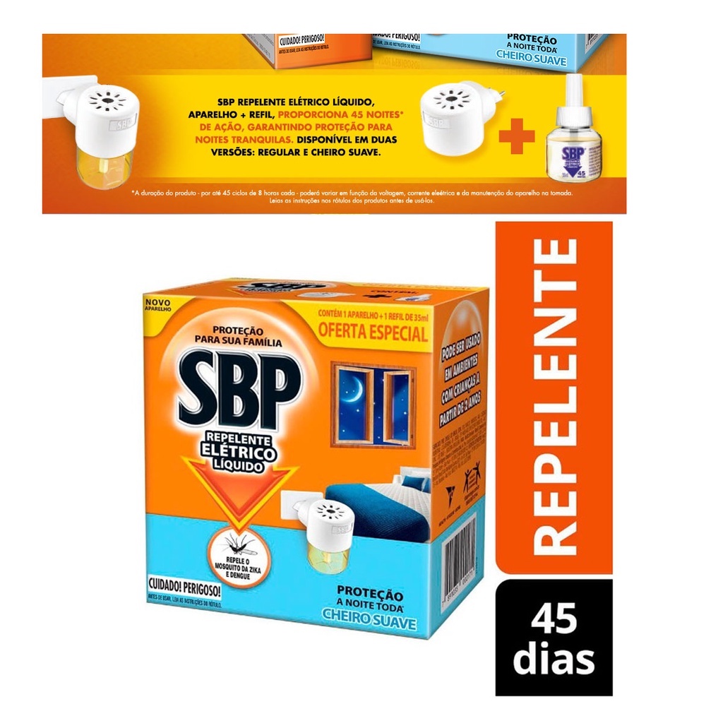 Repelente Elétrico Líquido SBP 45 Noites Cheiro Suave Novo Aparelho ...
