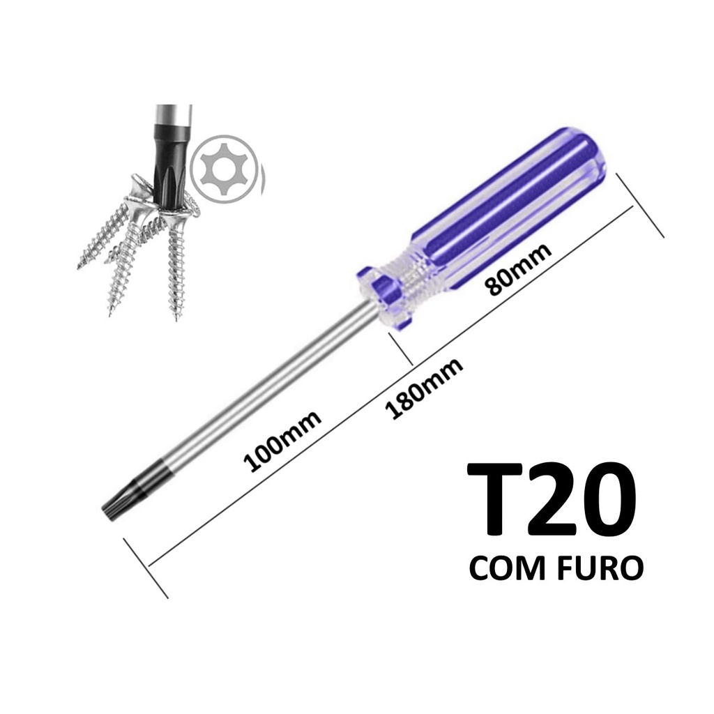 Chave Torx T20 Com Furo TR20 T20H 180mm (18 centímetros) Torx Security ...