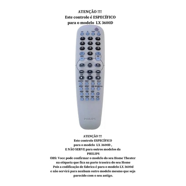 Controle Remoto Para Home Theater Philips Lx3600d Original Novo ...