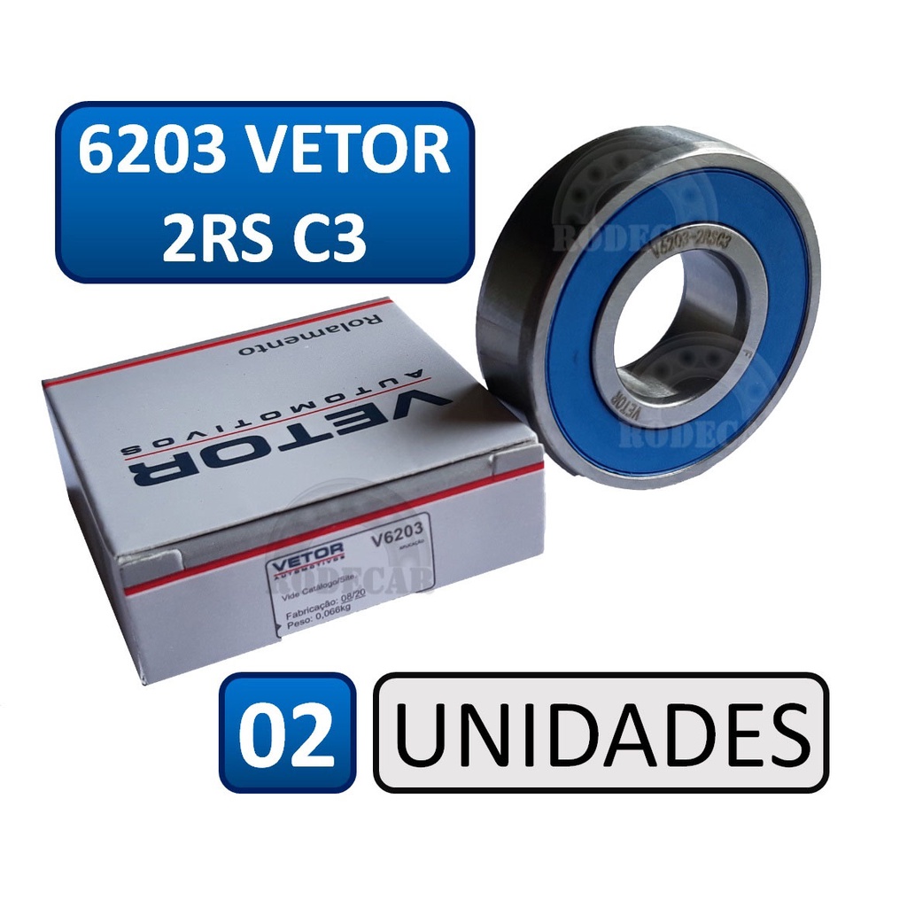 Kit com 02 (dois) rolamentos 6203 VETOR 2RS C3 - 17x40x12(mm) | Shopee ...