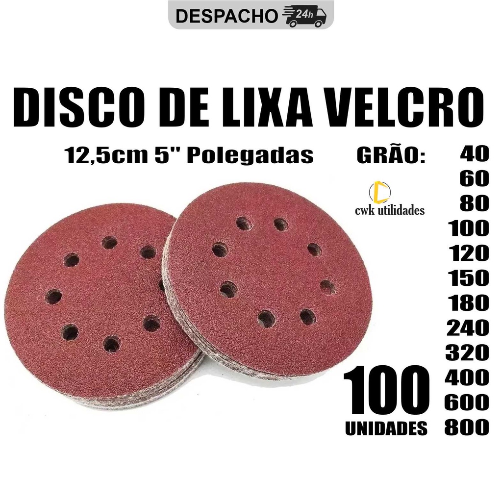 Kit 100 Disco Lixa com Velcro 125mm 8 Furos Rokit Politriz Lixadeira ...