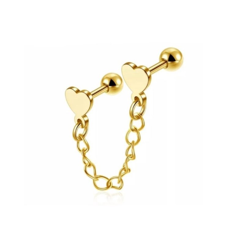 Piercing de Orelha lóbulo e Cartilagem Hélix- Coração com Correntinha ...