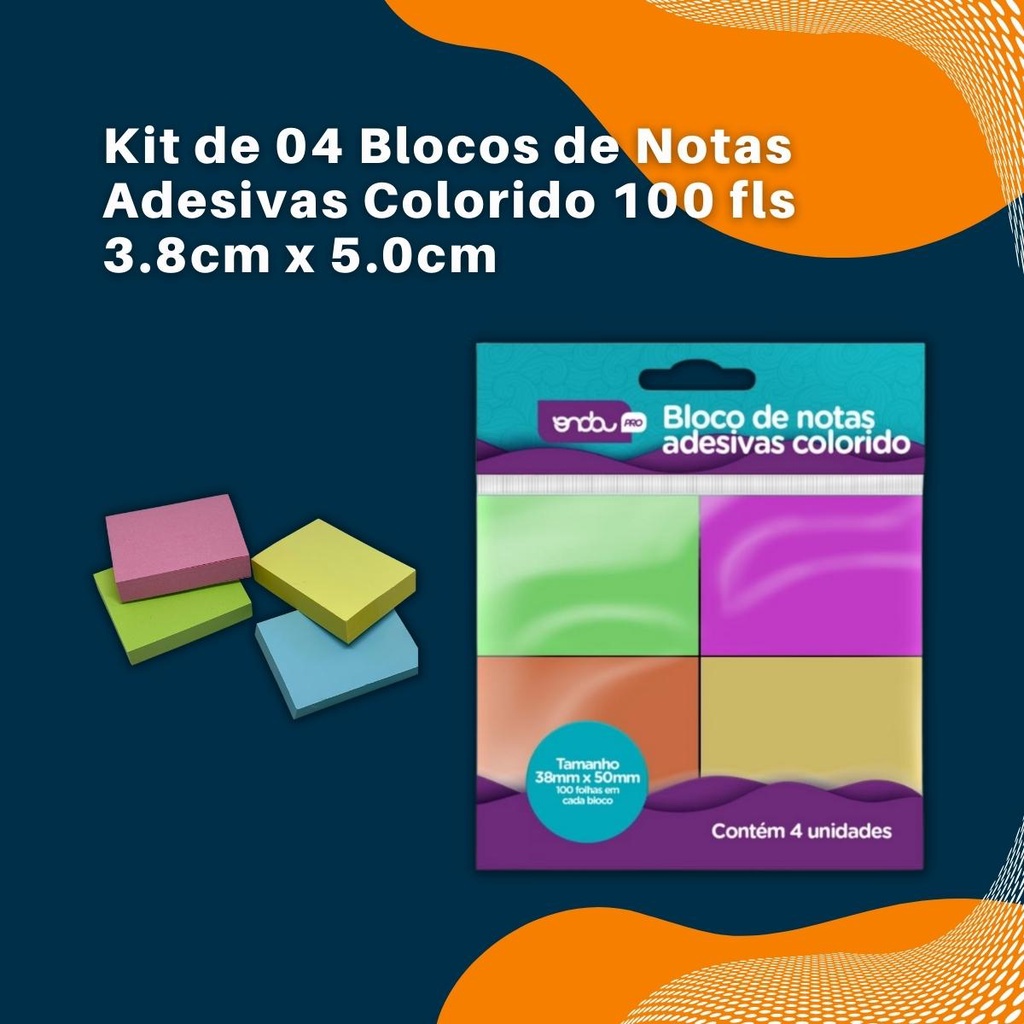 Kit de 04 Blocos de Notas Adesivas Colorido com 100 folhas cada 3.8cm x ...
