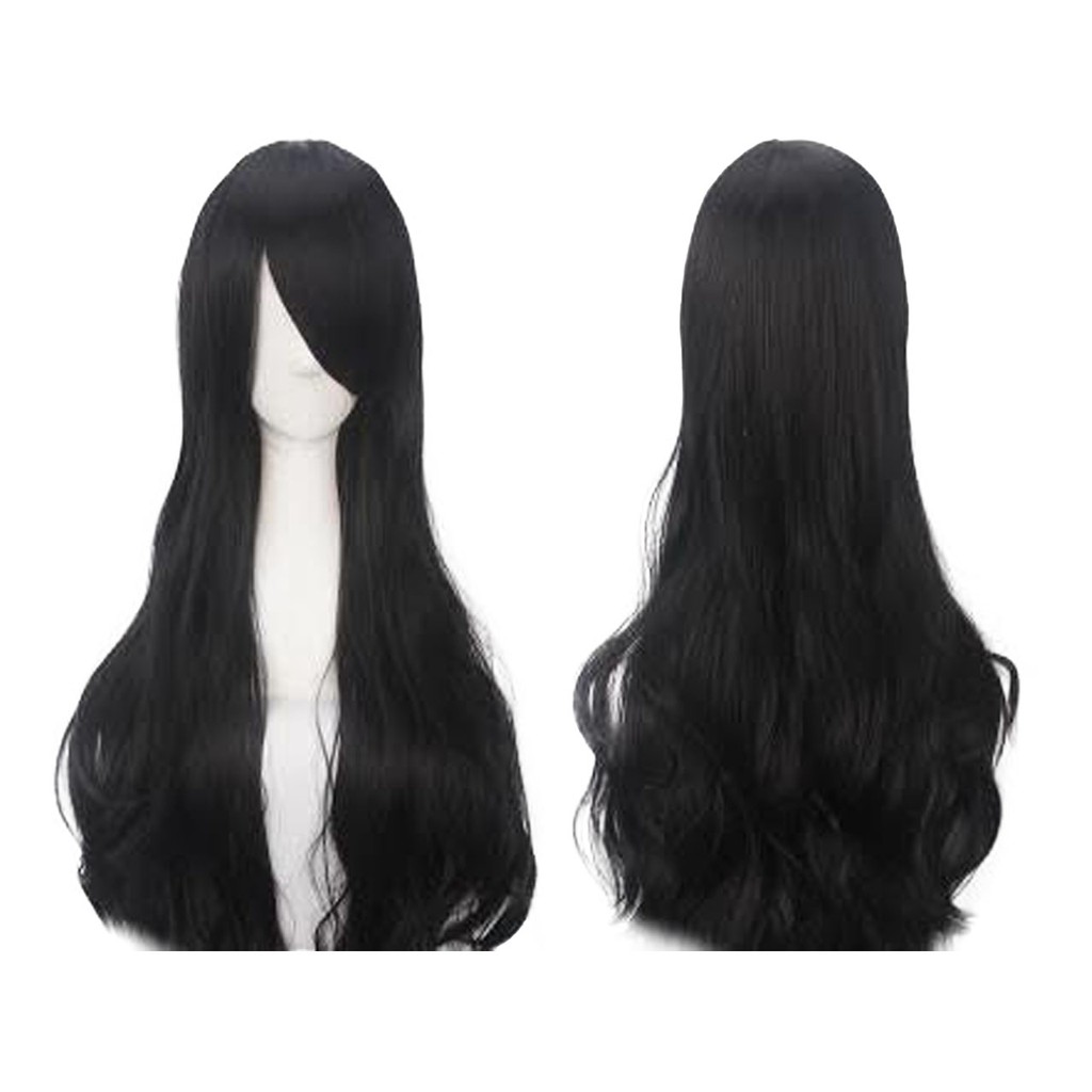 Peruca Ultra Preto Longa Ondulada 70cm Fio Organico com franja lateral ...