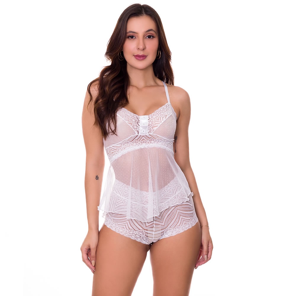 Baby Doll Sexy em Tule de poá e Renda Transparente Short Doll Sensual Lingerie Luxo Estilo ...