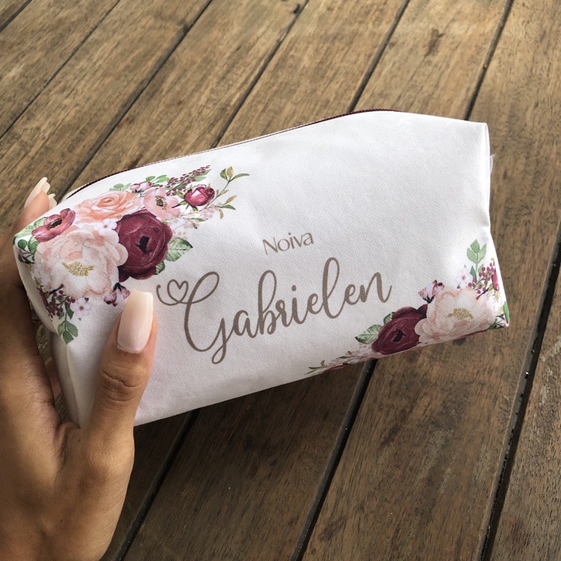 Necessaire Box Grande com nome - Floral Marsala Tamanho 10x11x18 ...
