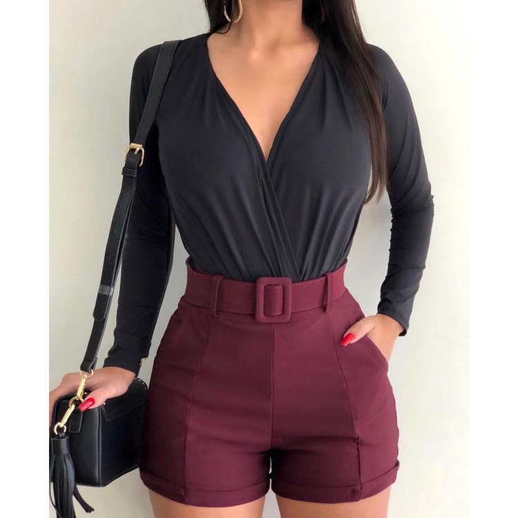 Body Feminino Manga Longa Decotado sem Bojo Tecido Suplex Decote ...