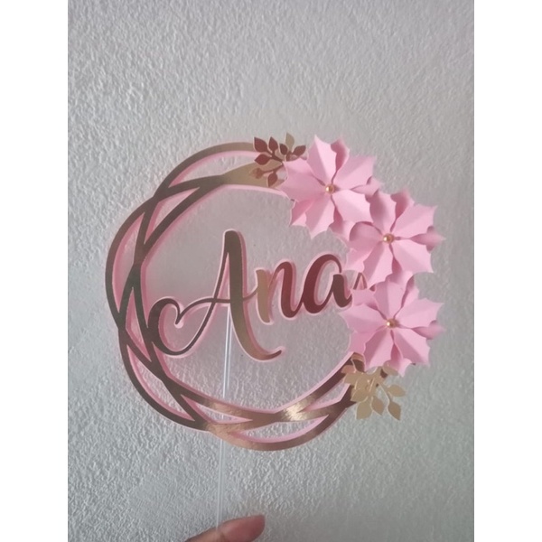 Topo de bolo personalizado círculo com nome e flores, Topper dourado ...