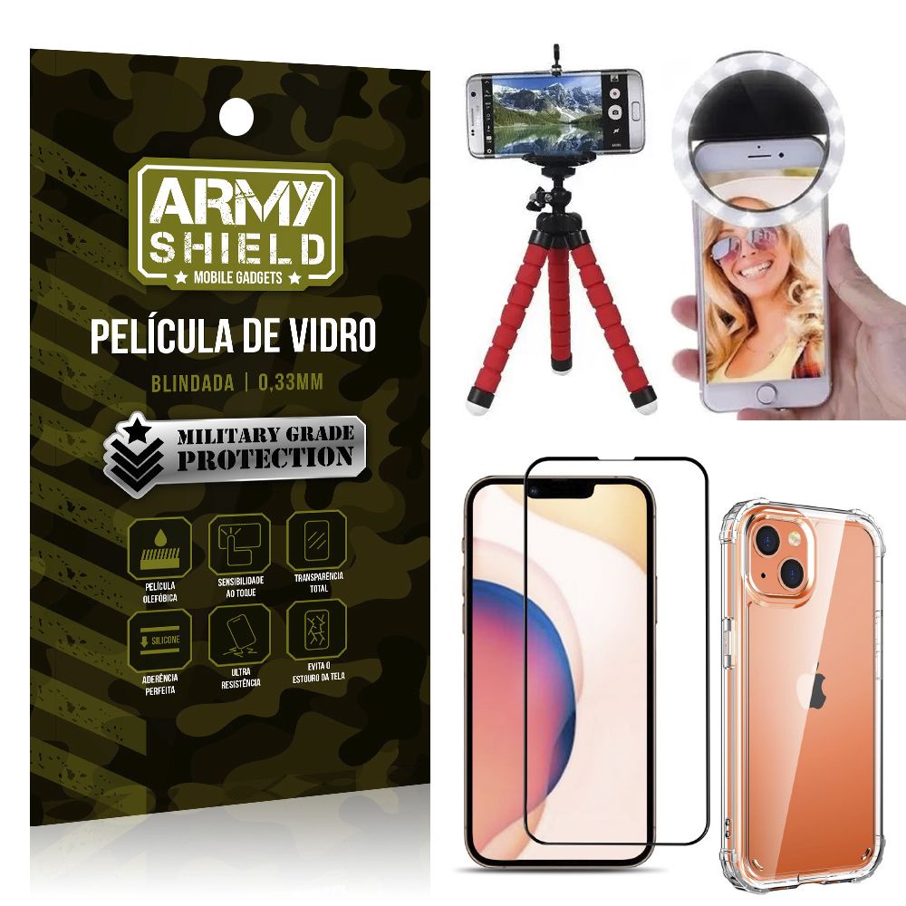 Kit iPhone 13 6.1 Tripé Flex + Flash Ring + Capa Anti Impacto ...