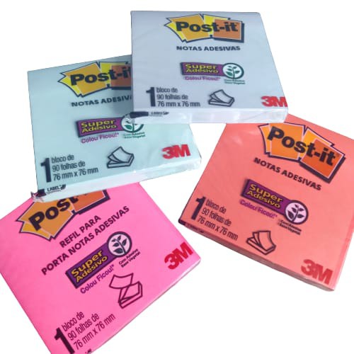 Notas Adesivas Post It Super Adesivas 90 fl 76mmx76mm Várias Cores ...