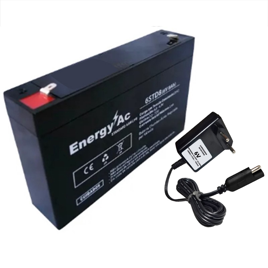 Kit Bateria 6V 8ah Vrla + Carregador Led -Brinquedo Eletrico | Shopee ...