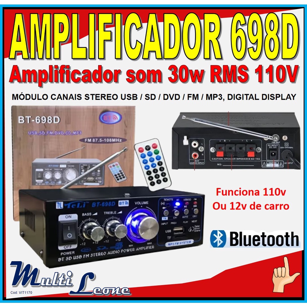Amplificador De Som 30w Rms 110v Bt-698d para casa, Bar, carro | Shopee ...