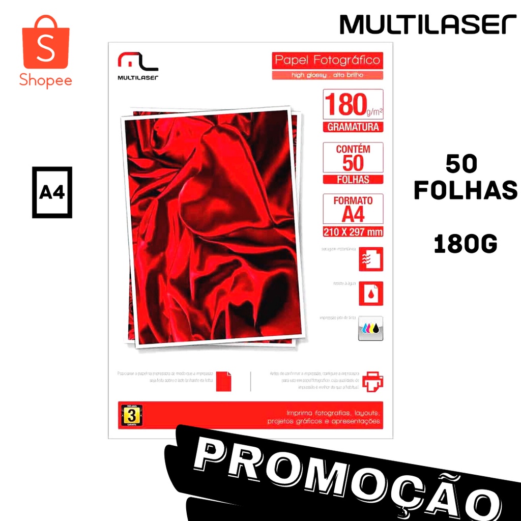 Papel Glossy Multilaser Paper A4 180g 50 Folhas Branco Pe031 | Shopee ...
