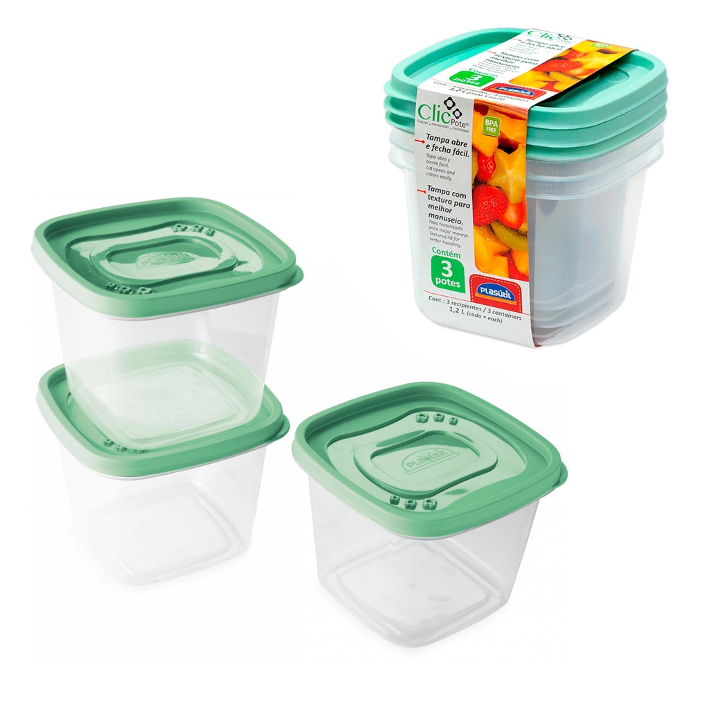 3 Potes 1200ml plástico quadrado com tampa para mantimentos alimentos ...