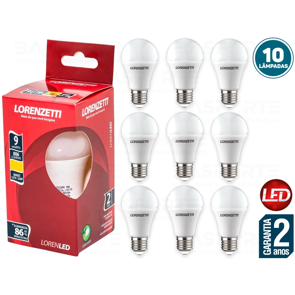 Kit 10 Lâmpadas Led Loren 9w Bulbo E27 Bivolt Luz Branco Frio 6500k Lorenzetti | Shopee Brasil