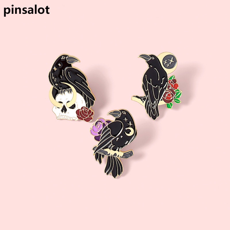Gótico Corvo Rosa Pássaro Esmalte Alfinetes Punk Lua Amor Morte Broches ...