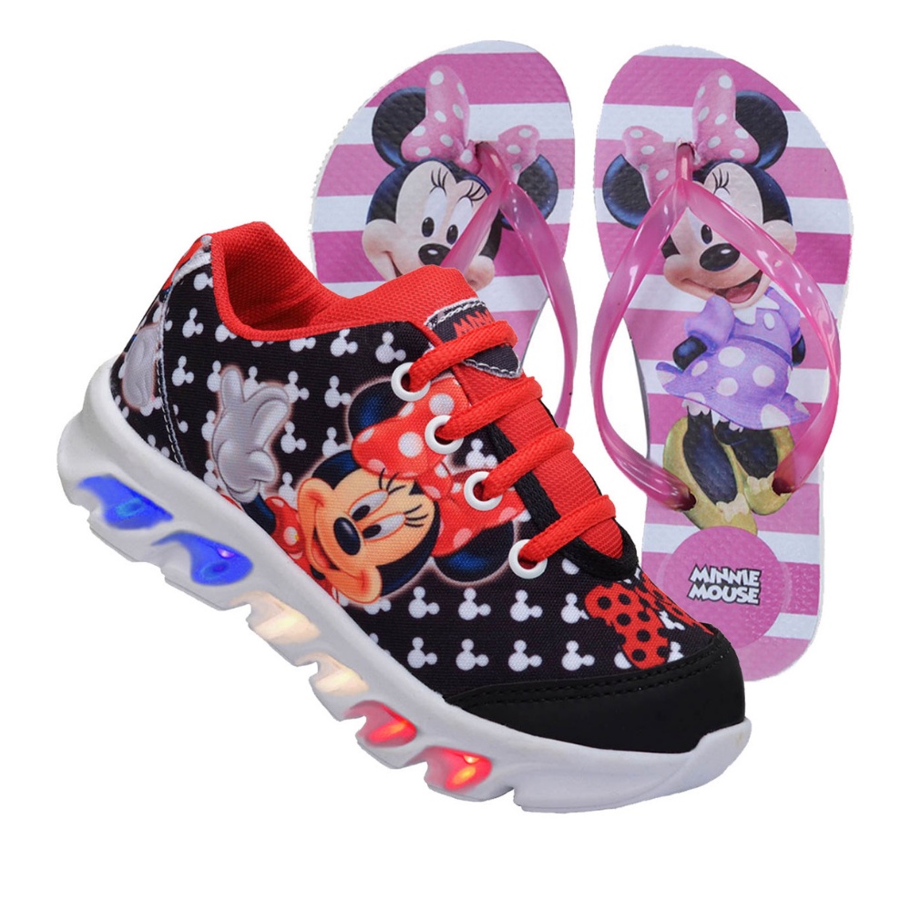Kit Tenis Feminino Infantil De Led Meninas MINNIE PRETO Novo + Chinelo ...