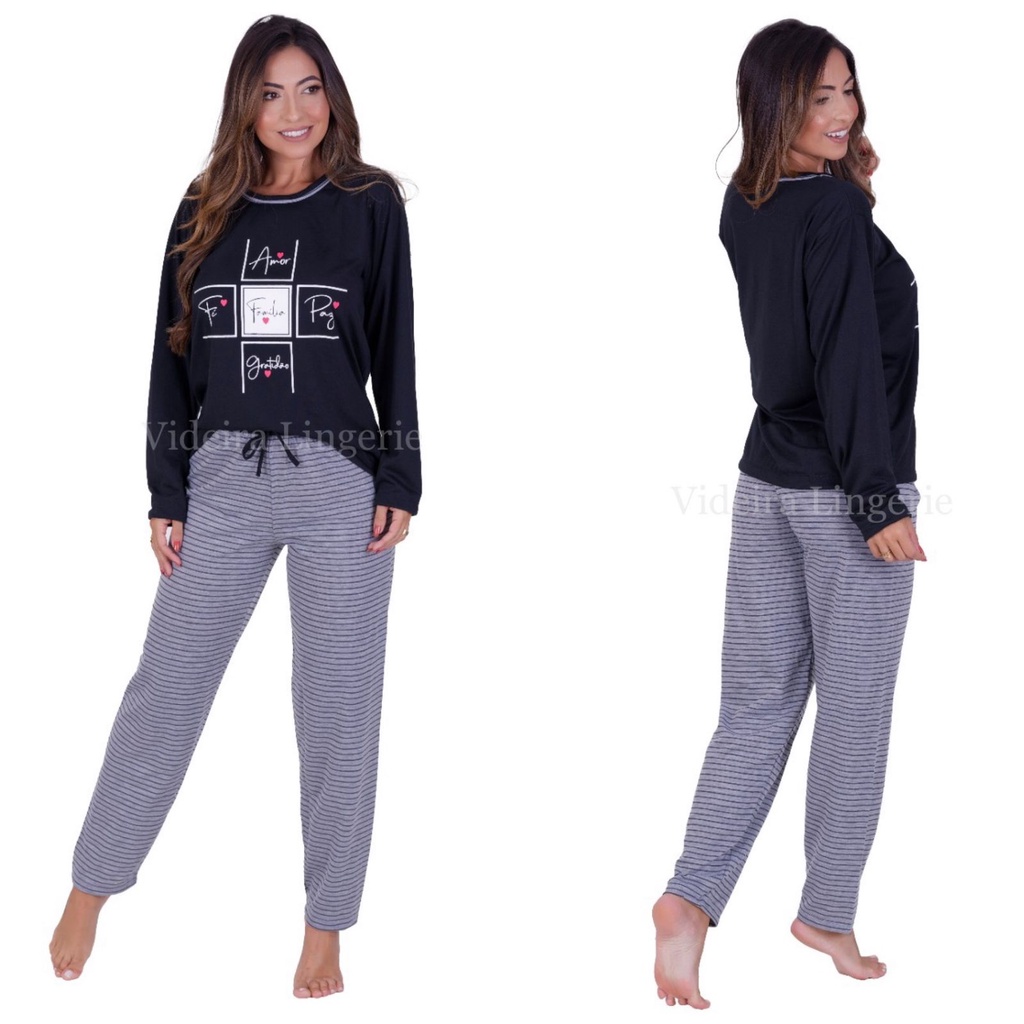 Pijama Adulto De Malha Com Calça E Manga Comprida De Inverno Feminino