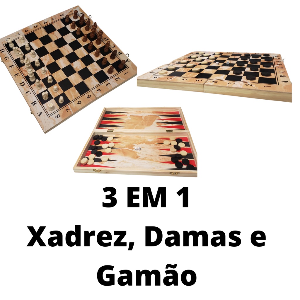 Kit 3 Jogos, Xadrez, Damas e Gamão em Madeira | Shopee Brasil