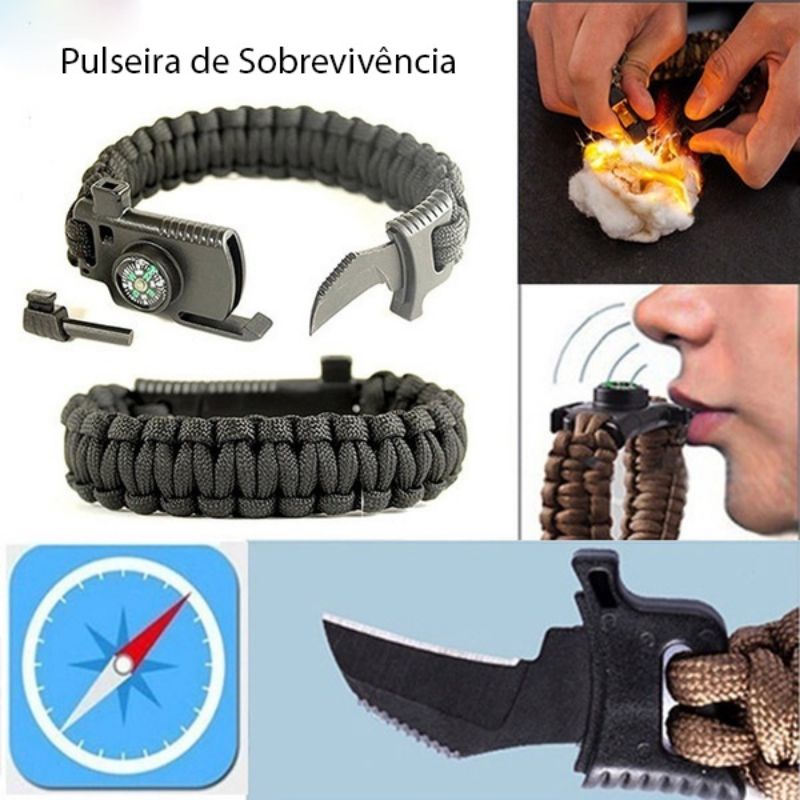 Pulseira para sobrevivência com PEDERNEIRA, FACA, BÚSSOLA, APITO E MAIS ...