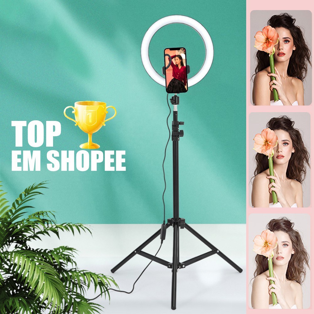 Ring Light Led Iluminador 26cm 10 Polegadas Completo 2,1m Tripé 210cm | Shopee Brasil