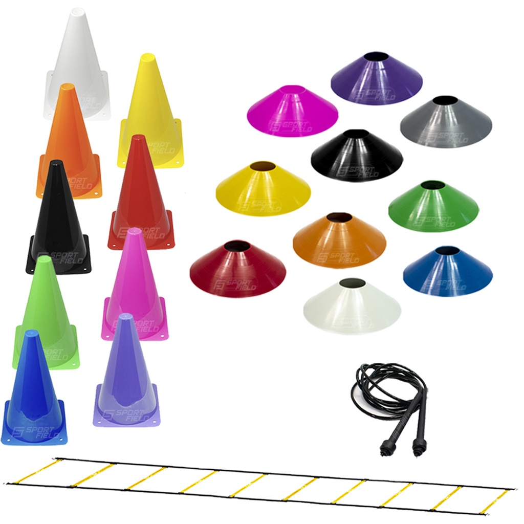 Kit Treino Funcional - Escada 5 Metros Ajustável + Corda de Pular + 10 Pratos + 10 Cones 23cm ...