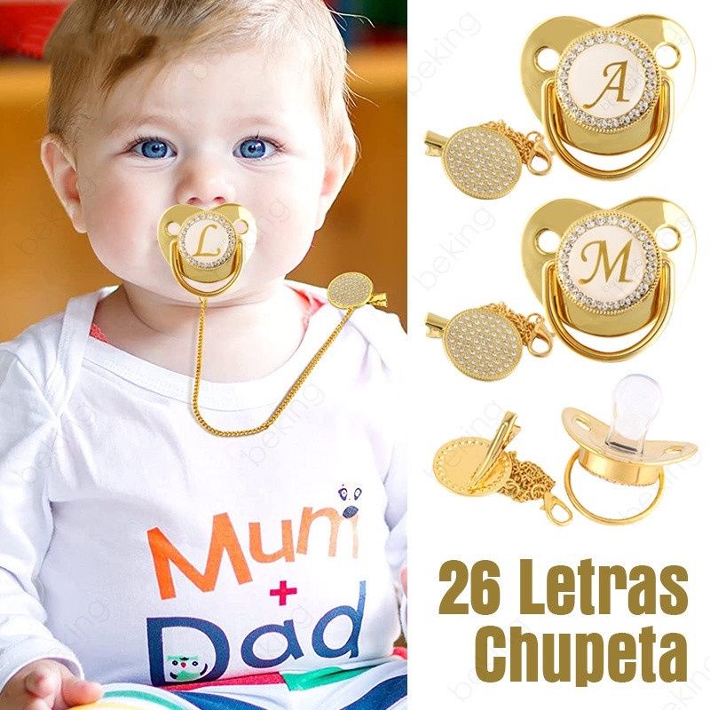 Chupeta Personalizada Luxo Bebê Letra Dourada Batizado - Infantil,corrente, prendedor e capa ...