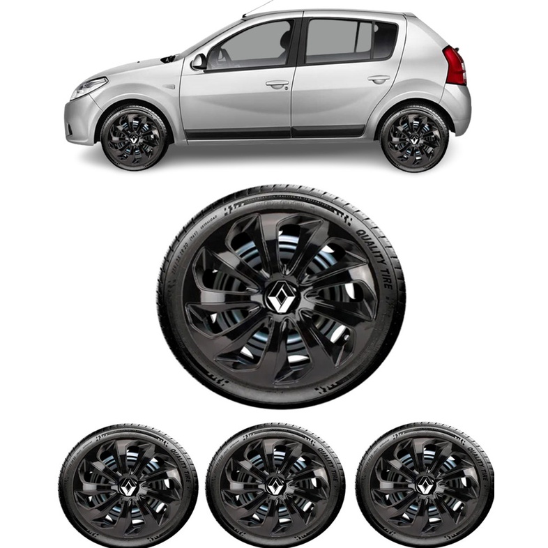 Jogo 4 Calotas Esportiva Velox Preto Brilhante Aro 14 Renault Sandero 2008 2009 2010 2011 2012 ...