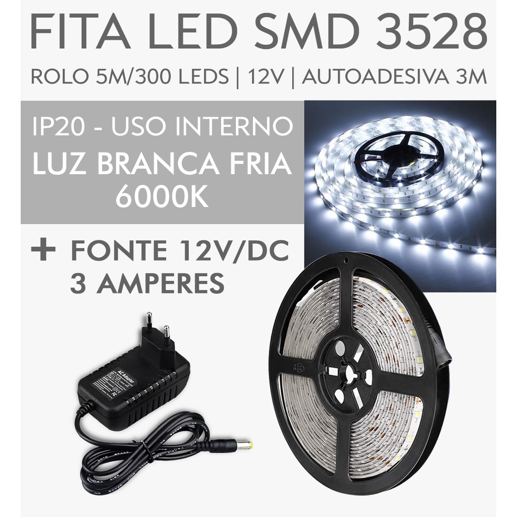 Fita LED SMD 3528 IP20 12V - Rolo 5m/300 Leds - Luz Branca Fria/6000K + Fonte 3 Amperes | Shopee ...