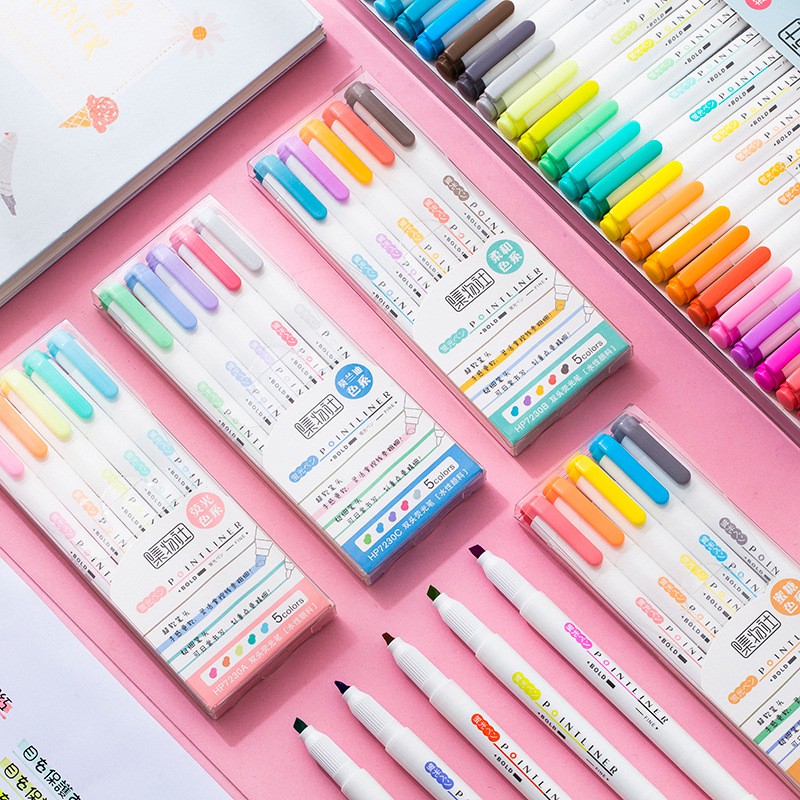 5pcs Mild Color Point Liner Highlighter Pen Set Fluorescent Soft Tip ...