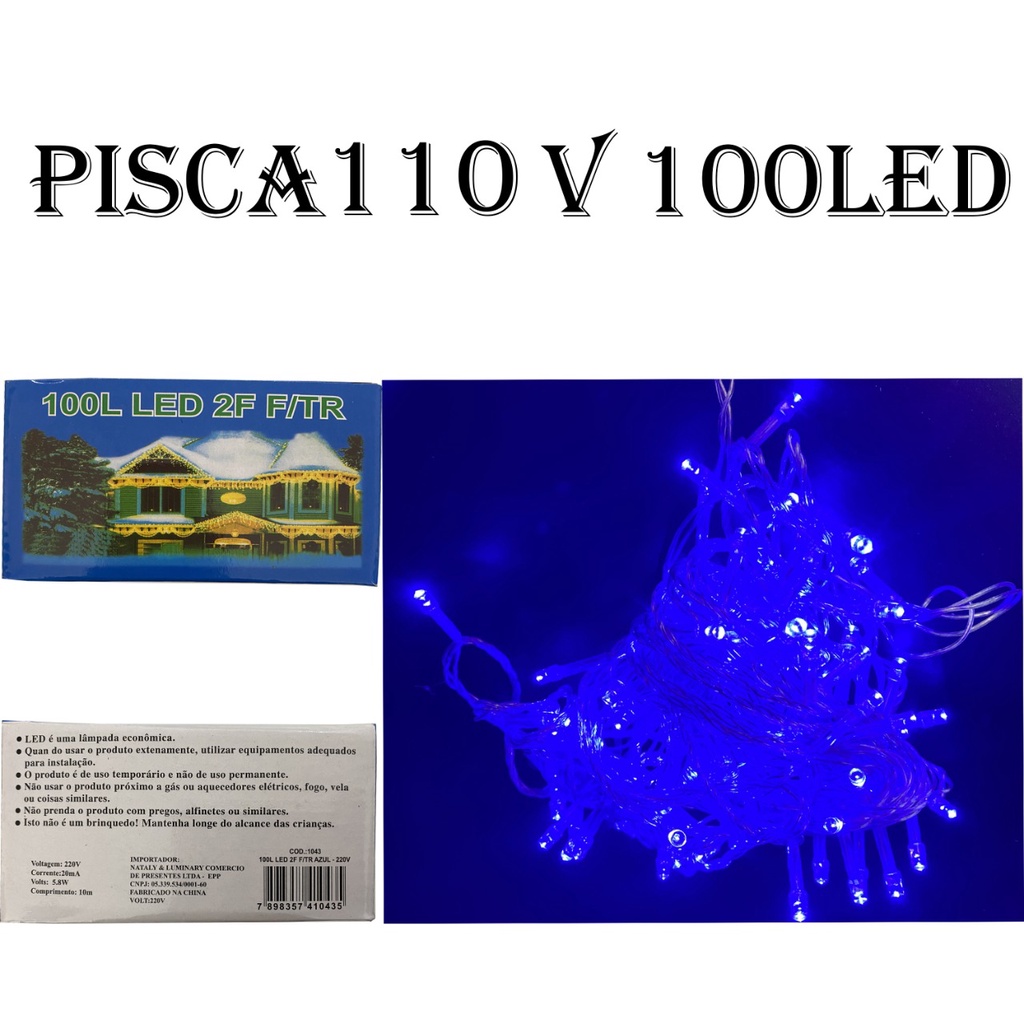 Pisca Pisca AZUL - 100Leds - 127V - 3.6W - 20mA - 10 Metros Fio ...