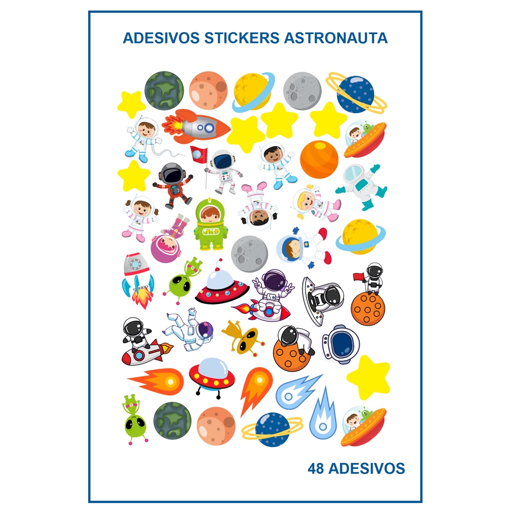 ADESIVOS STICKERS ASTRONAUTA AUTO COLANTE - CARTELA C/ 48 adesivos ...