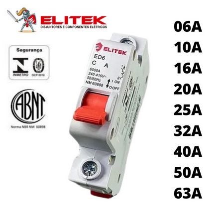 Disjuntor Elitek Unipolar Monopolar Curva C 10A 16A 20A 25A 32A 40A 50A 63A | Shopee Brasil