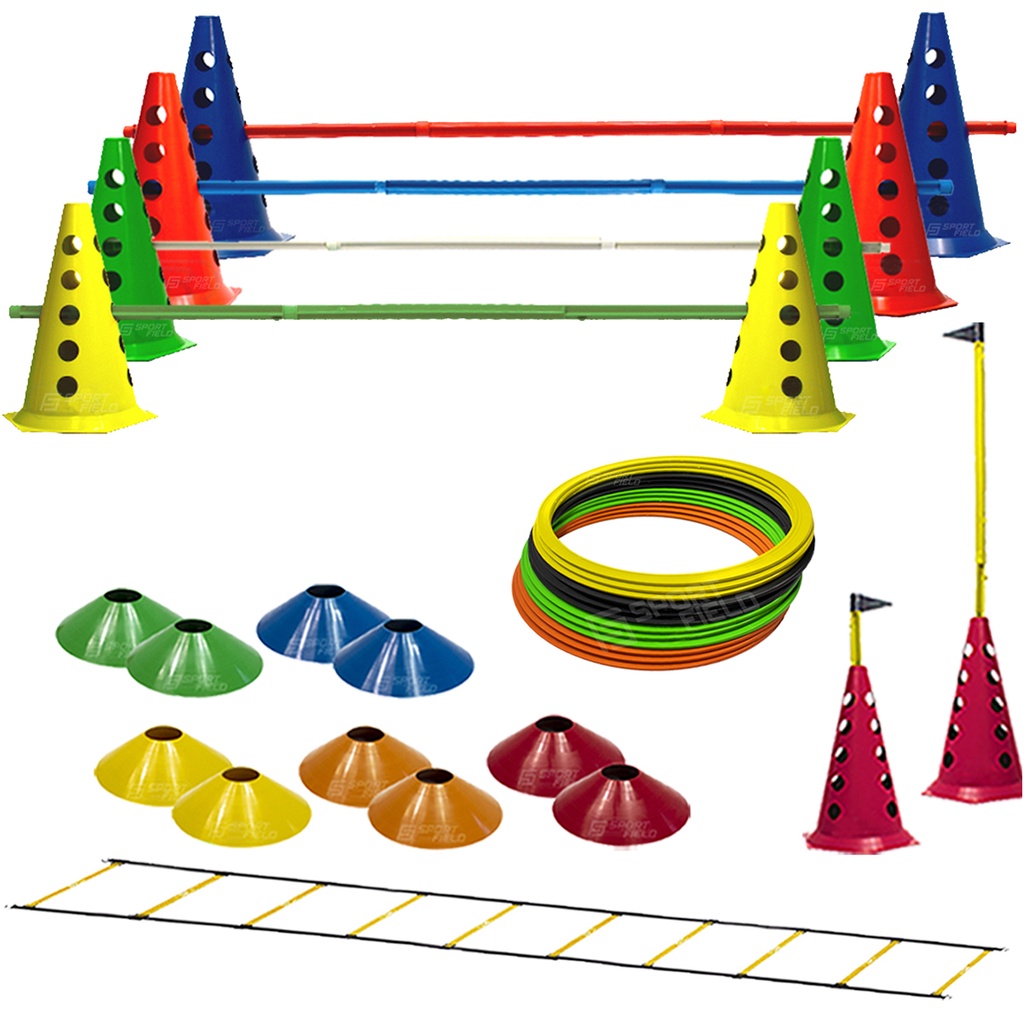 Kit 10 Cones C/ 5 Barreiras + 10 Pratos Funcionais + 12 Argolas ...