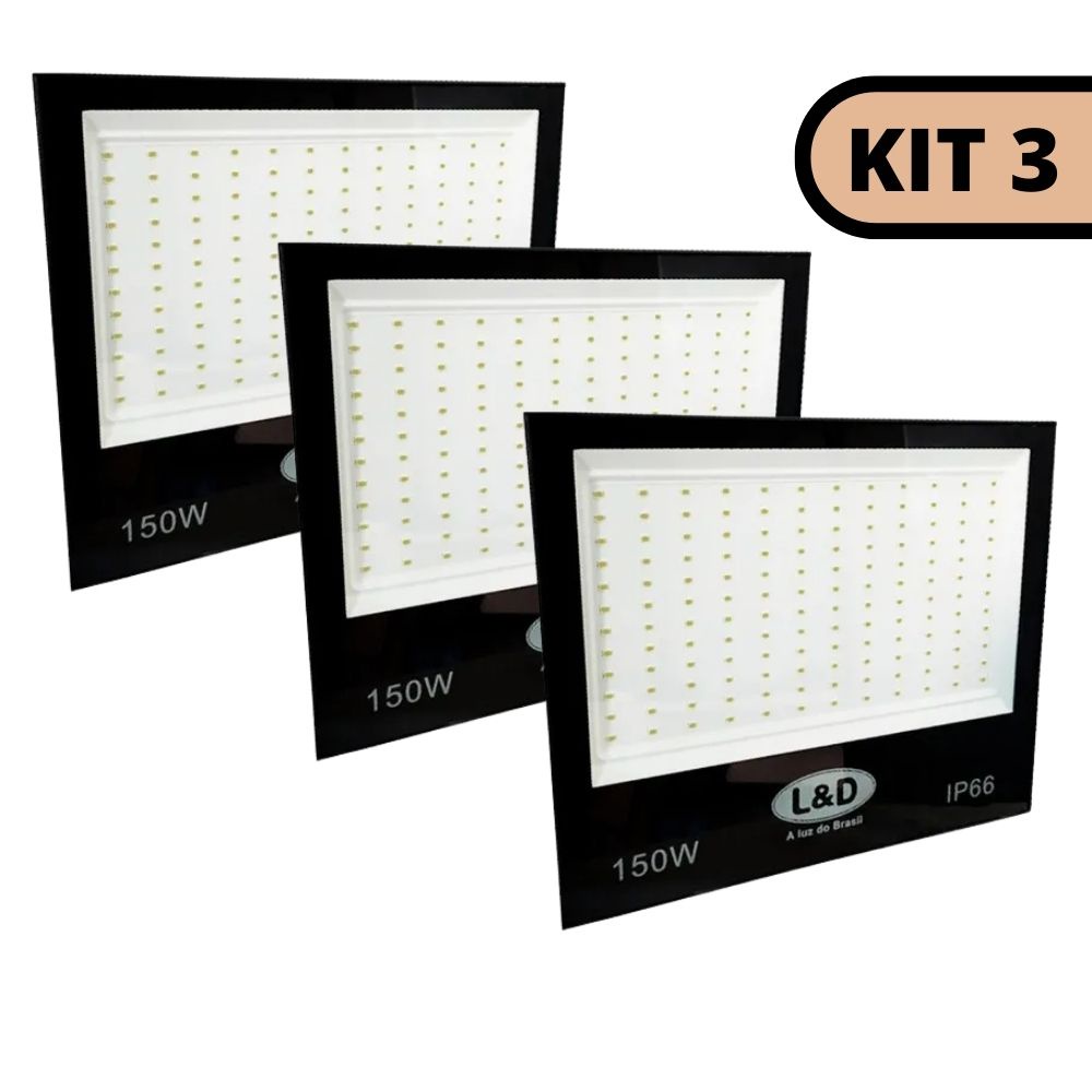 Kit 3 Refletor Led 150w Holofote Bivolt Slim Resistente Agua Branco Frio IP66 6500K | Shopee Brasil