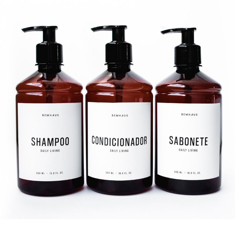 Kit 3 Peças Frasco Ambar Shampoo Condicionador Sabonete Refil ...