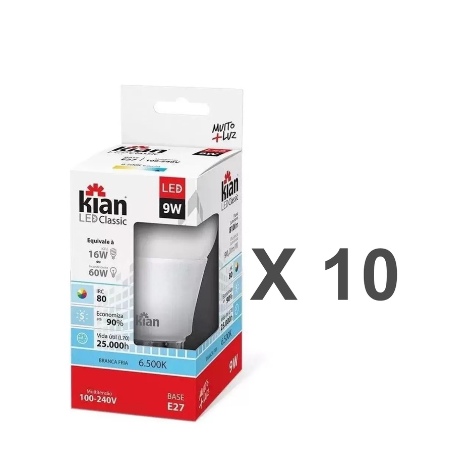 Kit 10 Lâmpadas Bulbo Led 9w Branco Frio 6500k bivolt Kian | Shopee Brasil