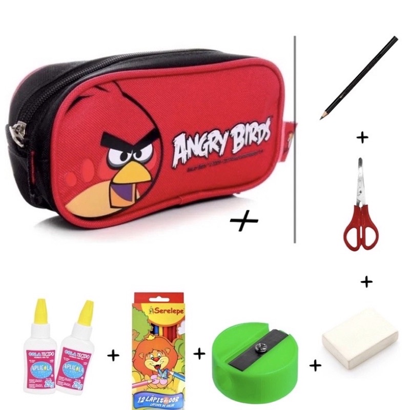 KIt completo Estojo Escolar Angry Birds Santino Vermelho Santino Meninos Material Escolar Volta ...