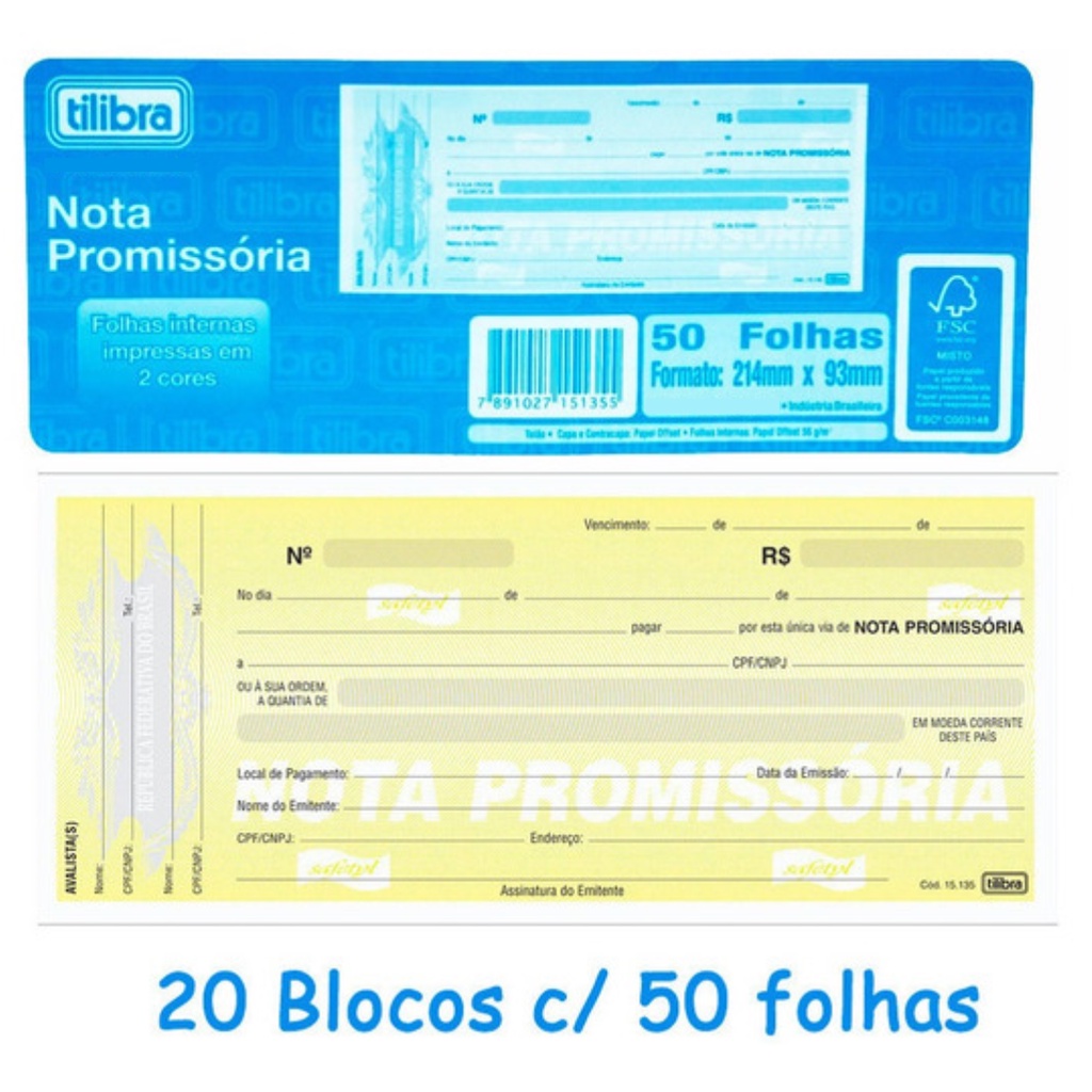 Nota Promissória Grande 50 Folhas Amarela - Kit Com 20 Blocos/Talões ...