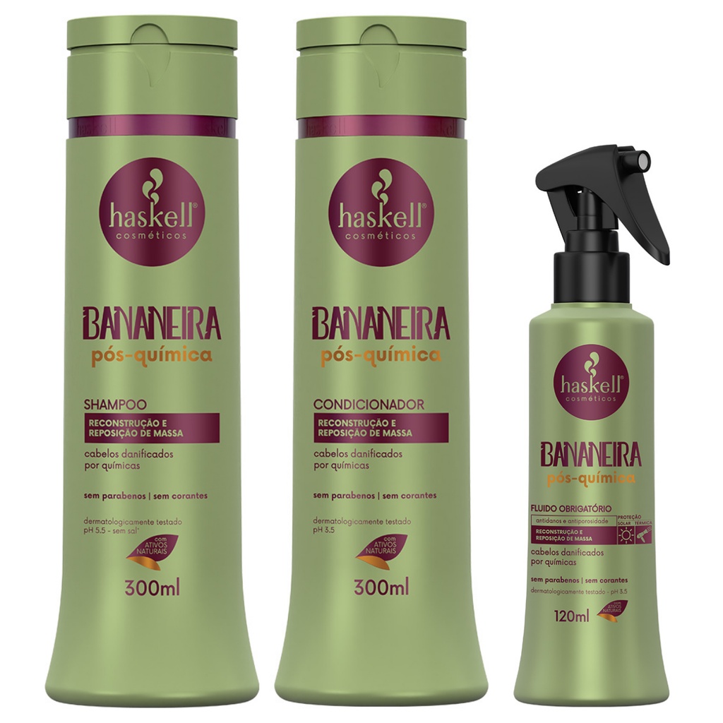 Kit Bananeira Haskell Pós-química Shampoo e Condicionador 300ml + Fluido Obrigatório ...