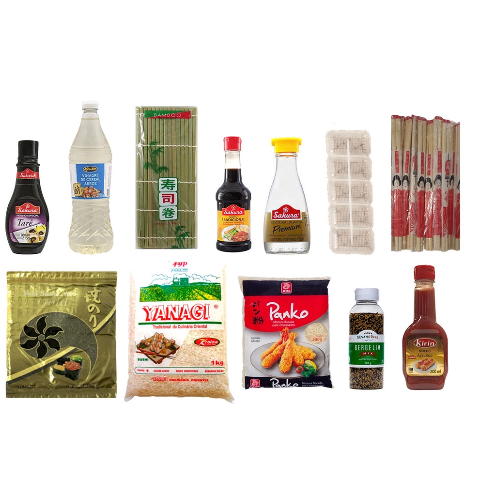 Kit 12 - Tare Hashi Vinagre Esteira Shoyu Molheira Forma Nori 10 Folhas ...