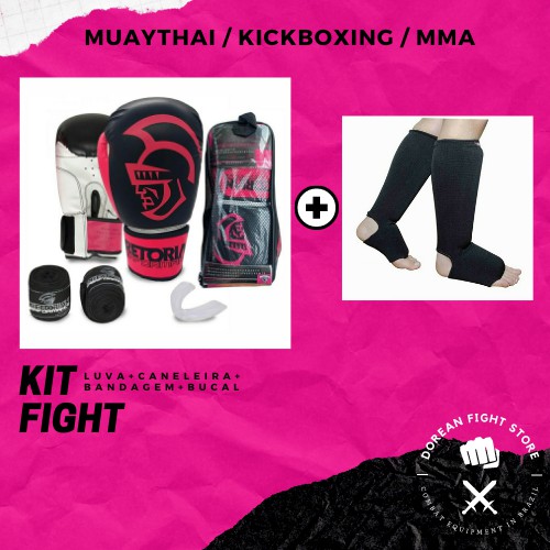 KIT MUAY THAI KICKBOXING MMA LUVA, CANELEIRA, BANDAGEM E BUCAL PRETA E ROSA | Shopee Brasil