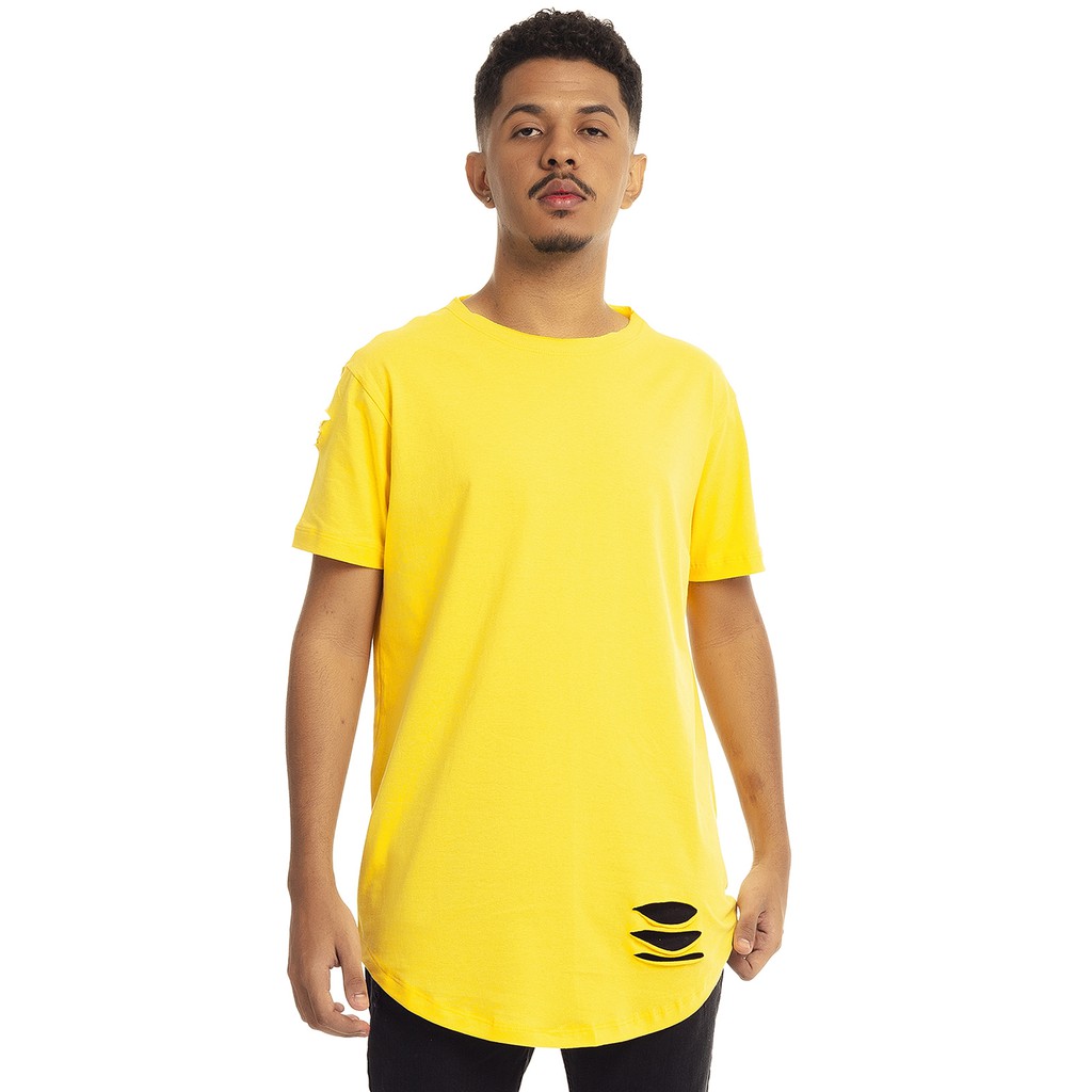 Camisa Longline Oversized Redonda Destroyed Rasgada Amarela Meio Swag ...